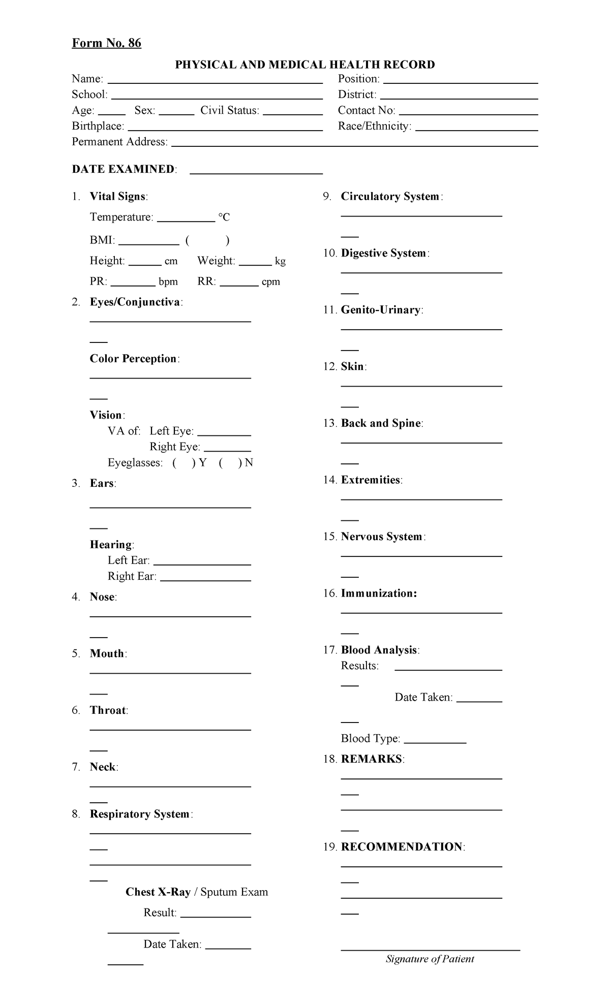 Form 86: Revised Physical & Medical Health Record - Studocu