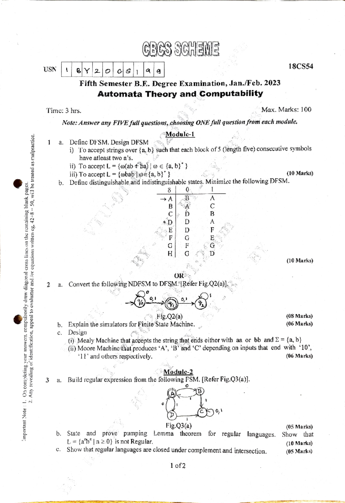 18CS54 Final Exam Question Paper - Automata Theory and Computability ...