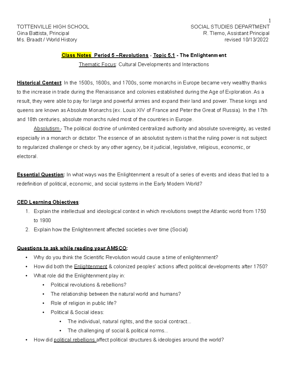 World History Class Notes: The Enlightenment (Period 5) - Studocu