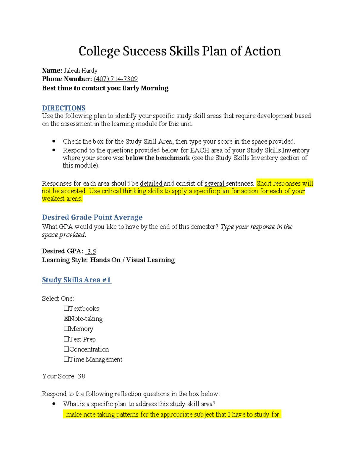 College Success Skills Plan of Action Form Final Submit - College ...