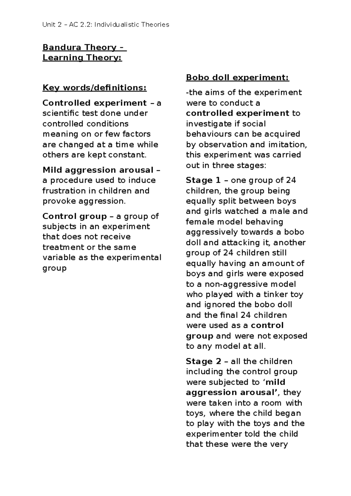 Unit 2 AC 2.2: Bandura's Bobo Doll Experiment & Learning Theory - Studocu