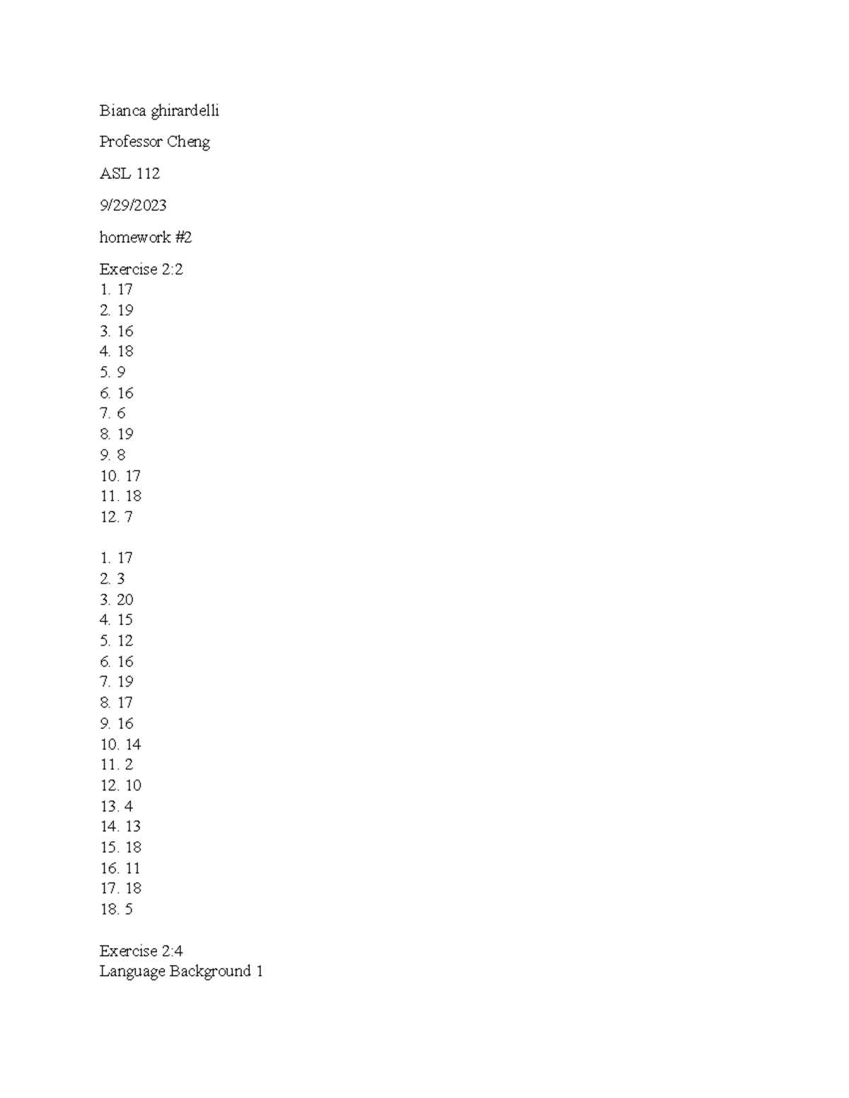 ASL 112 Homework Exercise 2: Language Background & Names - Studocu
