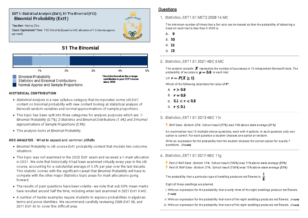 Binomial Probability Exam Style Questions - Statistics EXT1 S1 - Studocu