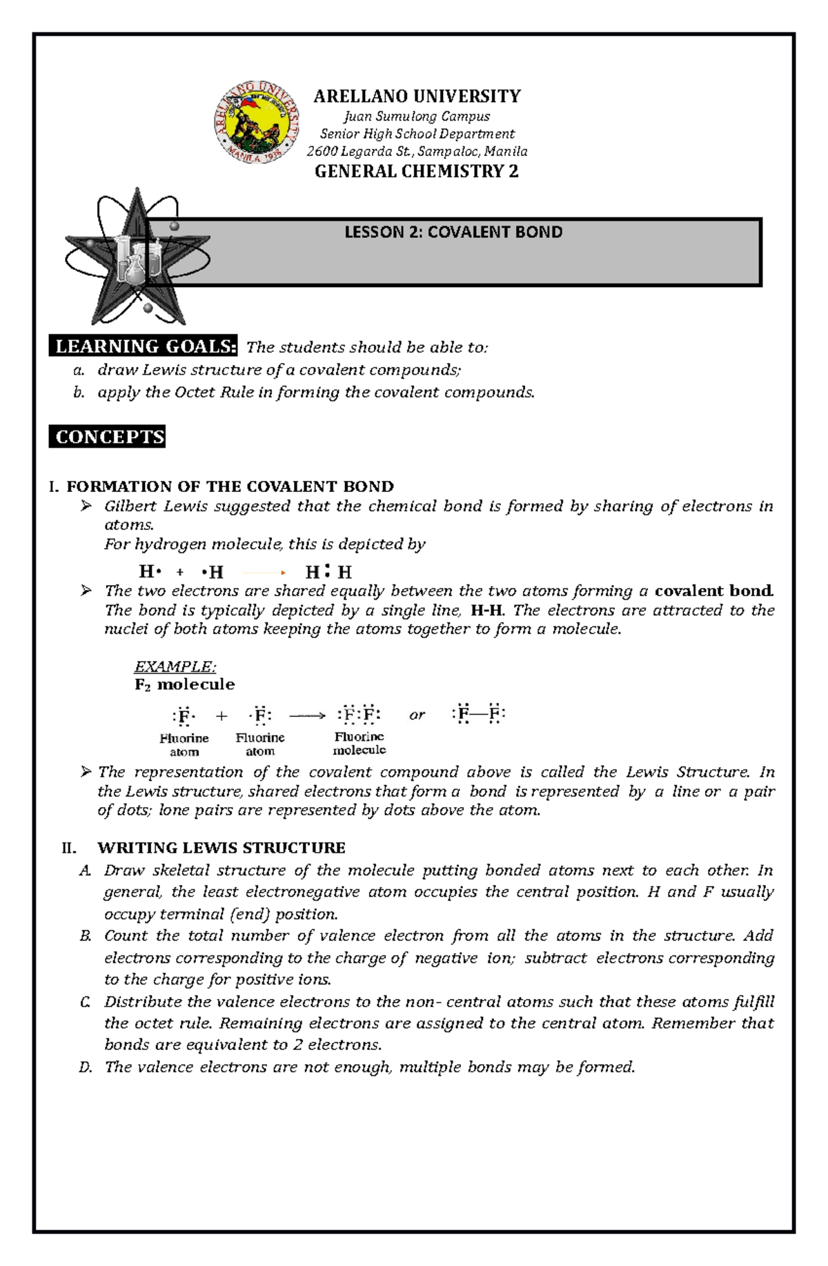 Concept Notes for Lesson 2 Covalent BOND - ARELLANO UNIVERSITY Juan ...