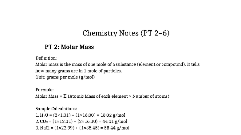 Chemistry Notes PT PT 2: Molar Mass, Percent Composition & Empirical ...