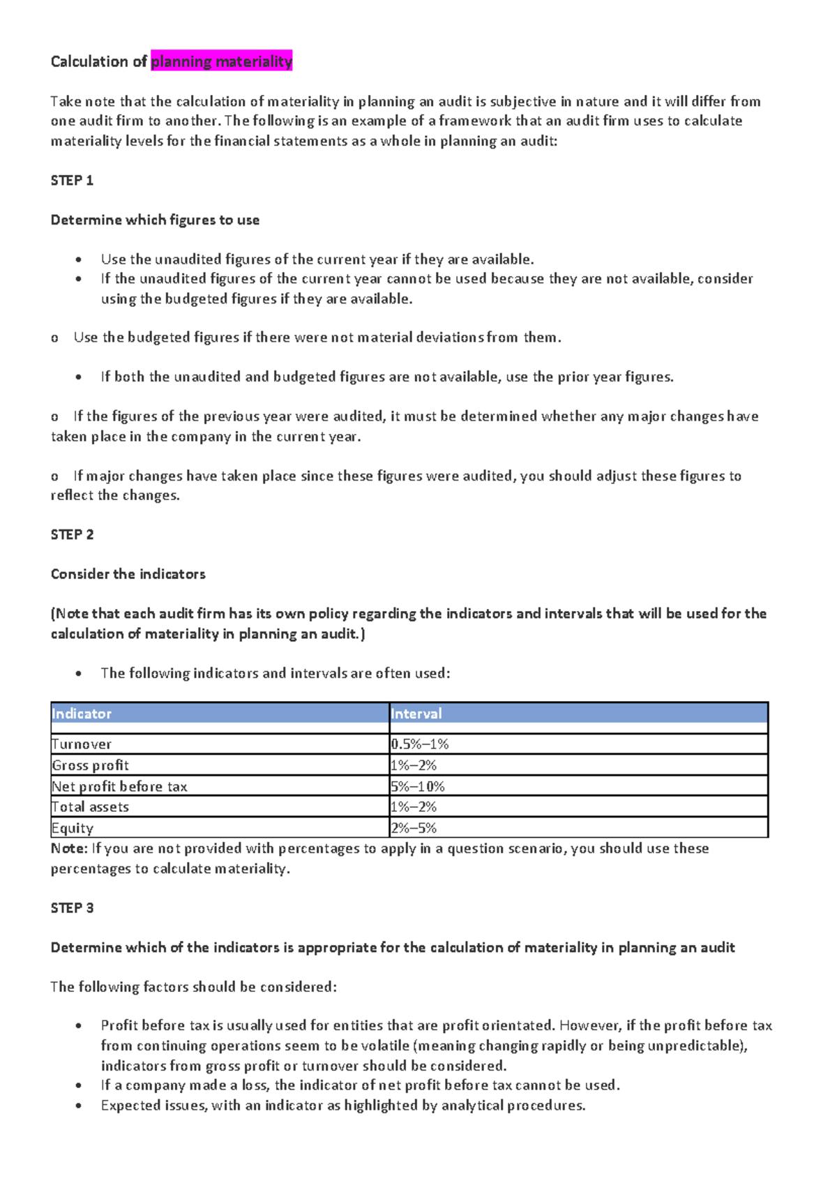 Calculating Materiality for Audit Planning: A Comprehensive Guide - Studocu