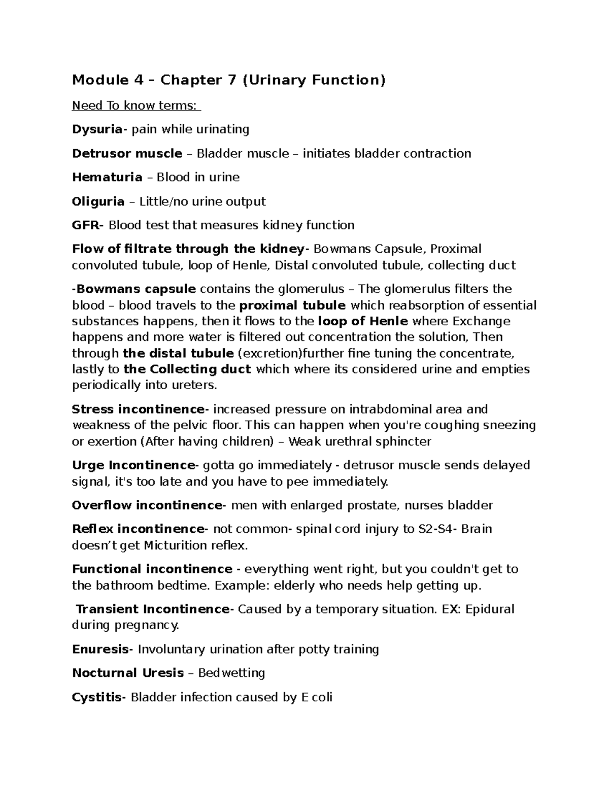 Module 4 Exam 2 Study Guide: Urinary and Gastrointestinal Functions ...