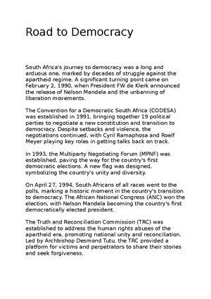Grade 12 Revised Essay: The Road to Democracy in SA - Studocu