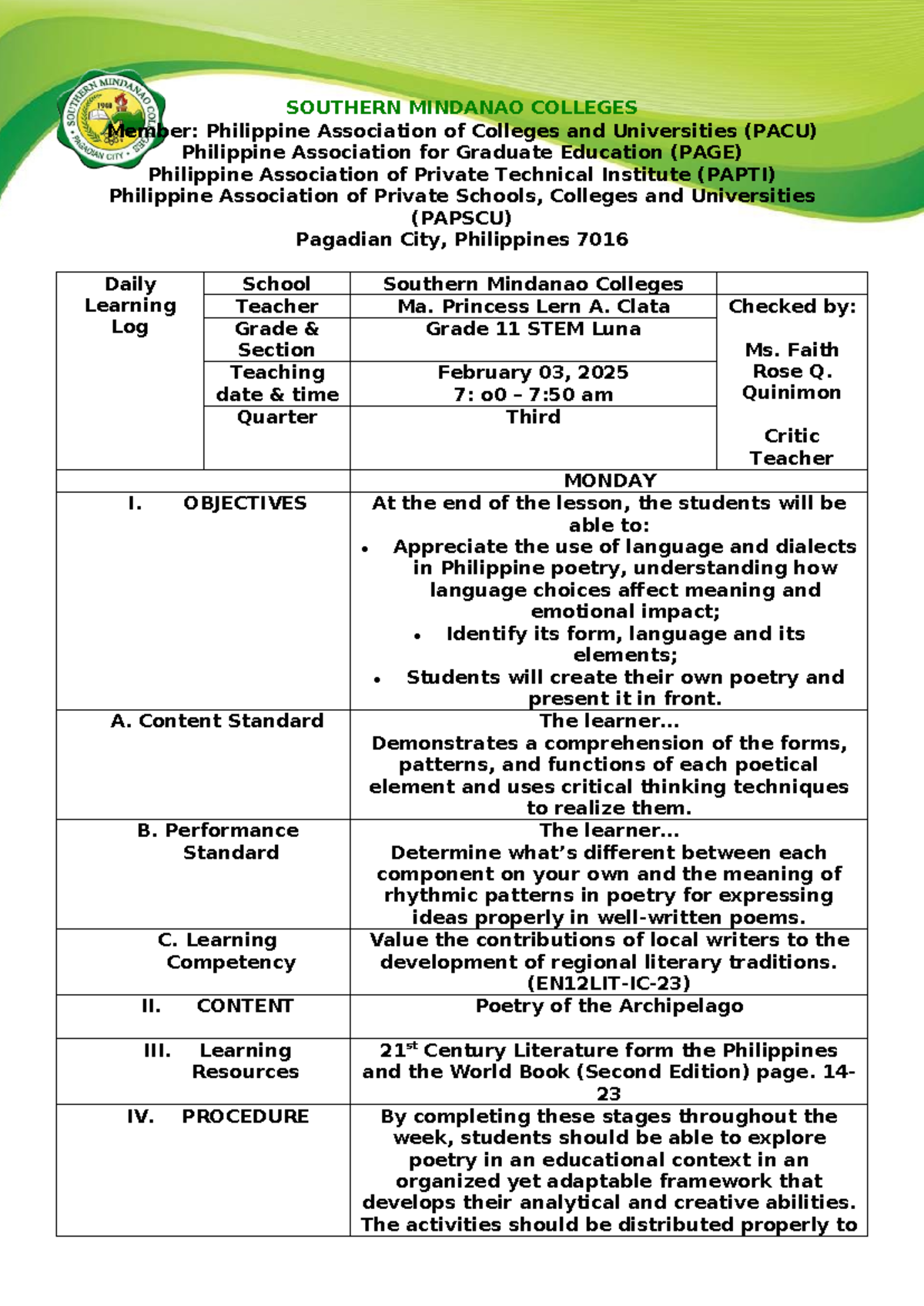 LESSON PLAN ON POETRY OF THE ARCHIPELAGO (EN12LIT-IC-23) - Studocu