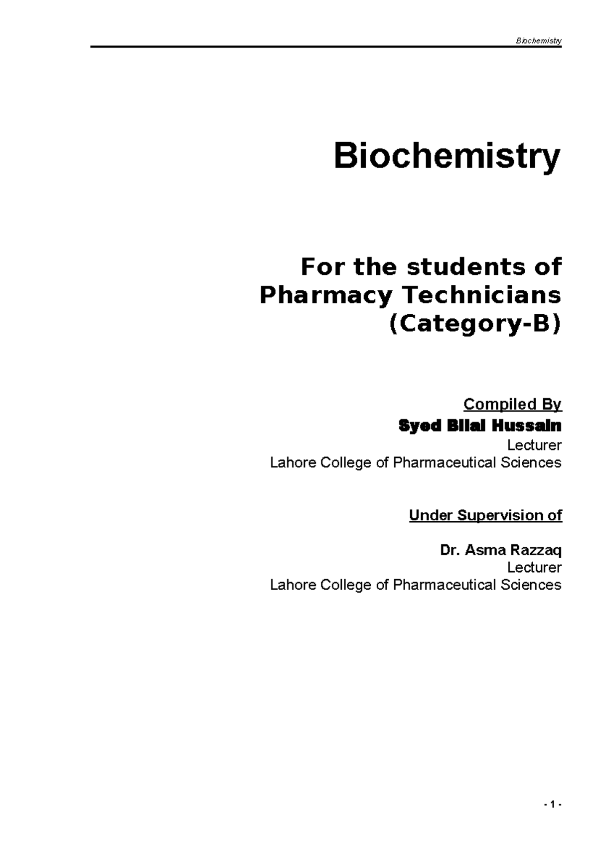 Biochemistry Study Notes for Pharmacy Technicians (PHAR 101) - Studocu