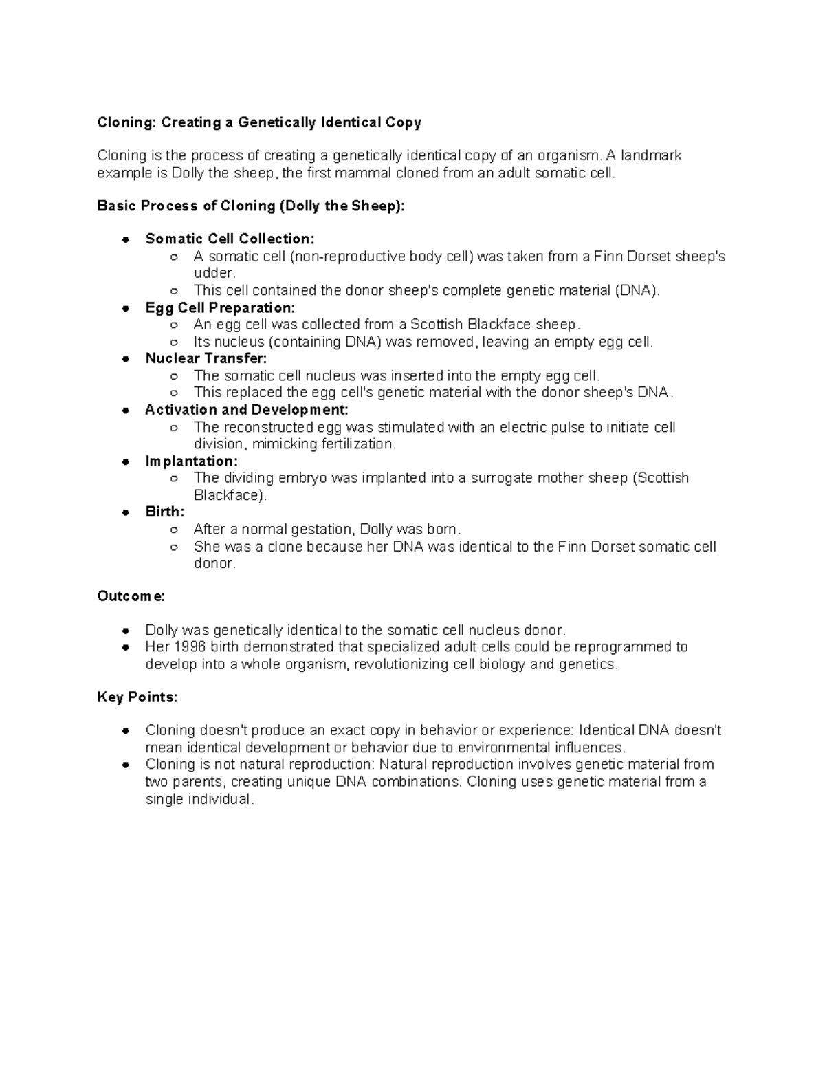 Cloning notes - bio - Cloning: Creating a Genetically Identical Copy ...