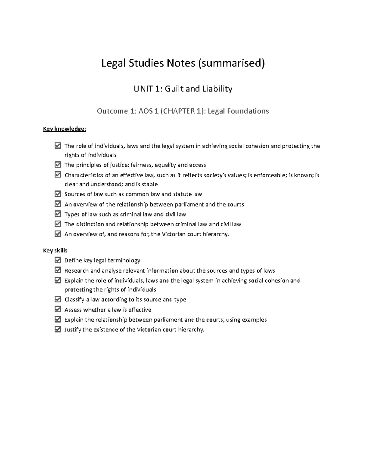 UNIT 1(AOS 1) - Summarized Legal Studies Notes on Guilt and Liability ...