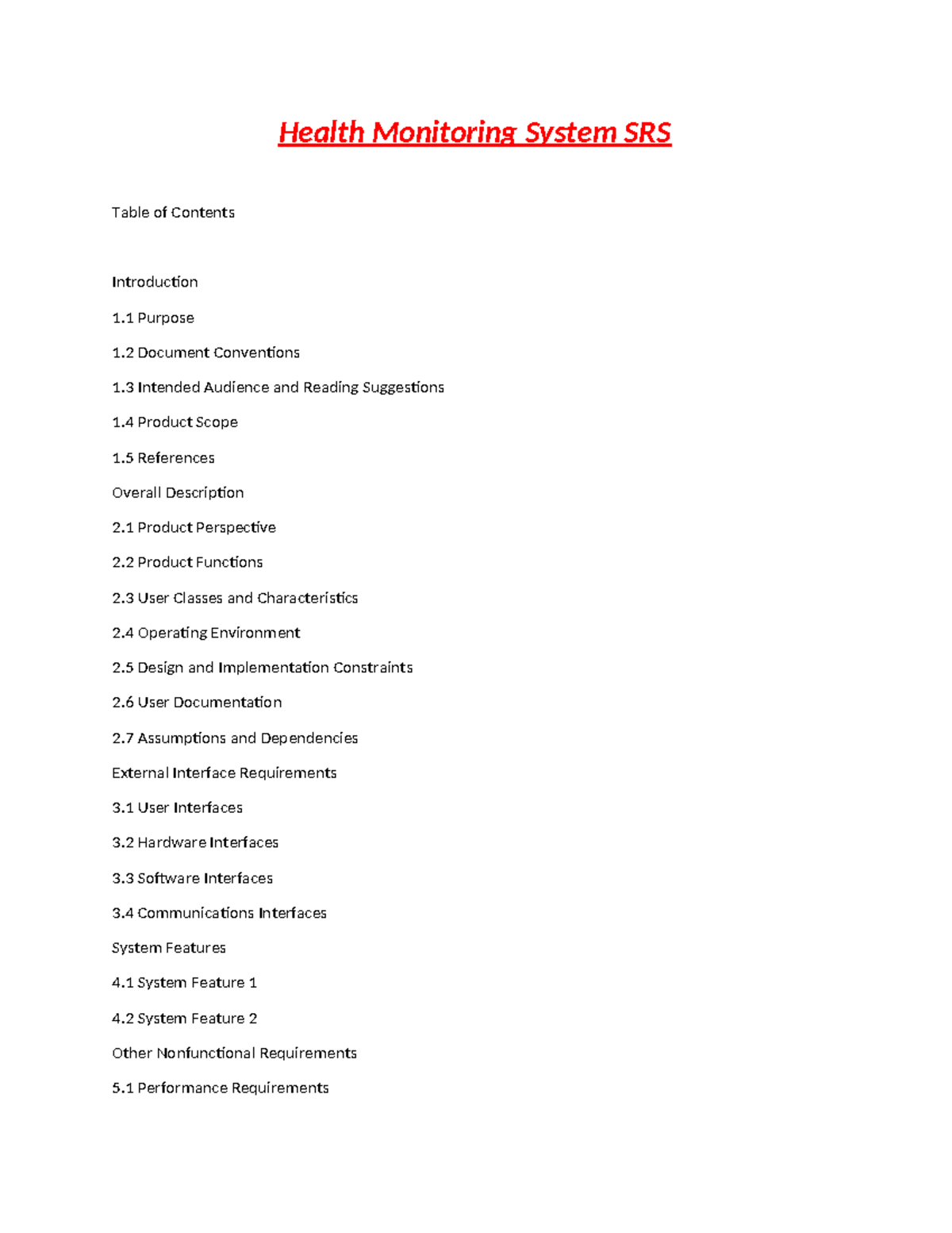 Health Monitoring System SRS: Comprehensive Software Requirements - Studocu