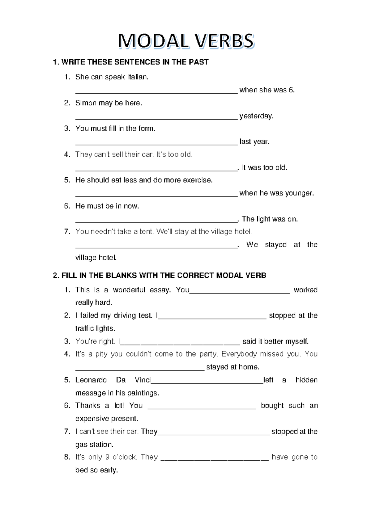 Past Modals Worksheet: Exercises on Sentence Transformation and ...
