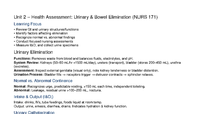 Unit 2 Health Assessment: Urinary & Bowel Elimination Review (NURS 171 ...
