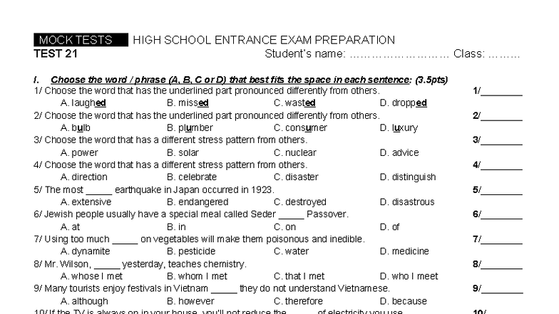 MOCK TEST 21 - HIGH SCHOOL ENTRANCE EXAM PREP - Studocu