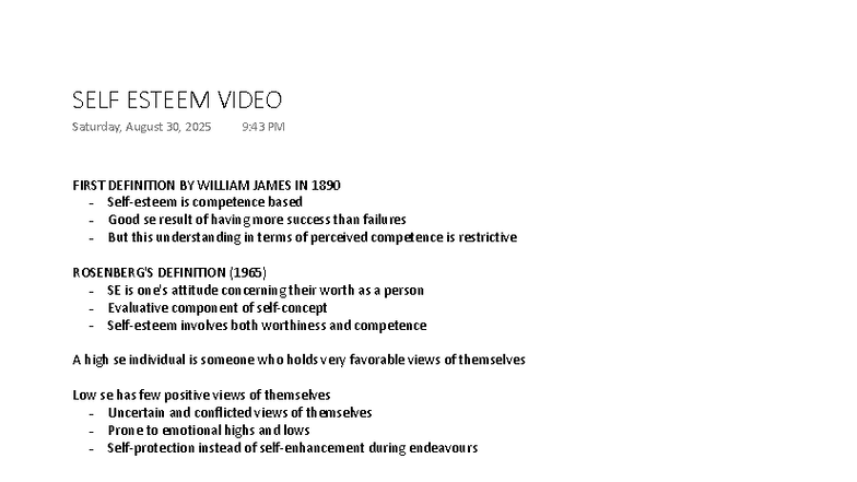 FAS1101 Self Esteem Lecture Notes: Understanding Self Worth - Studocu