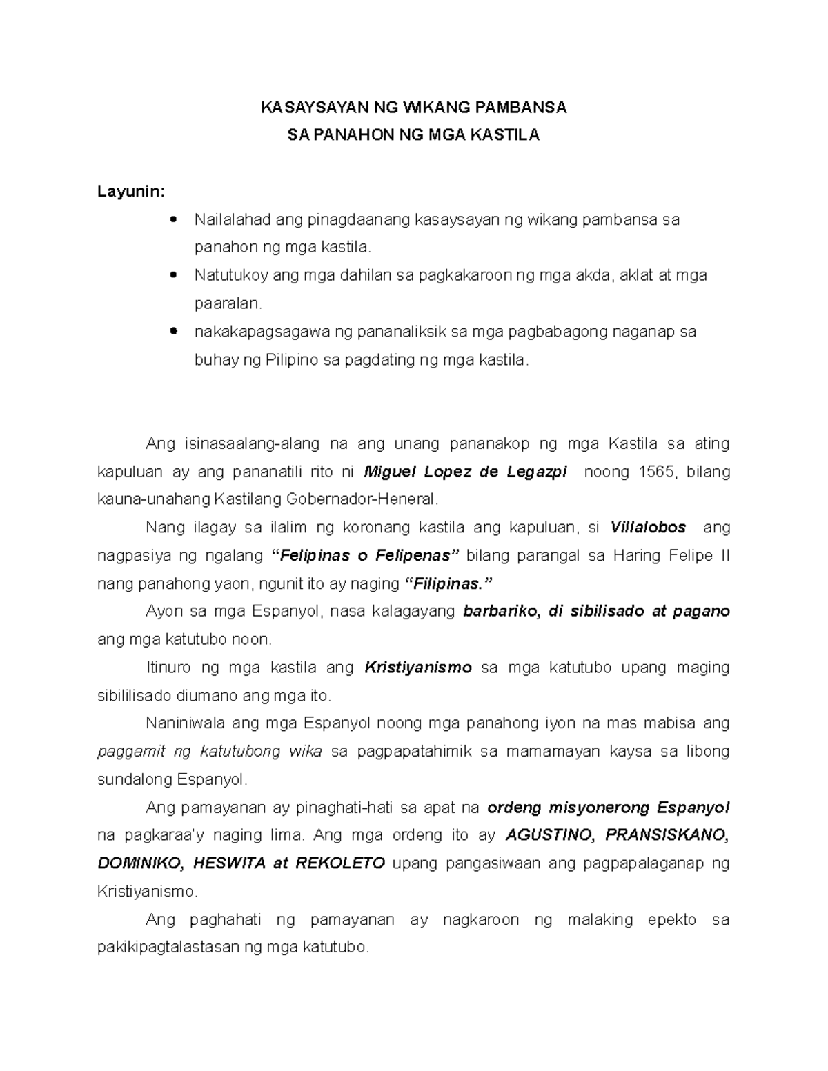 KASAYSAYAN NG WIKANG PAMBANSA SA PANAHON NG MGA KASTILA (G3) - Studocu