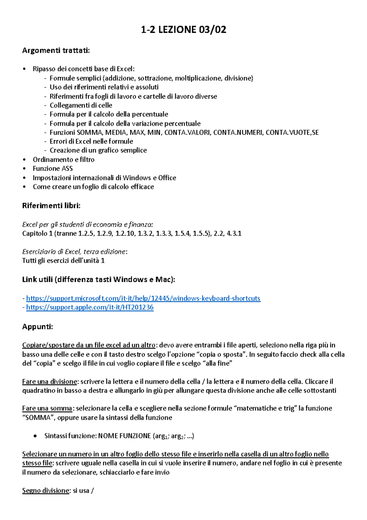 Appunti Excel Primo Parziale - 30424: Ripasso e Funzioni Essenziali - Studocu