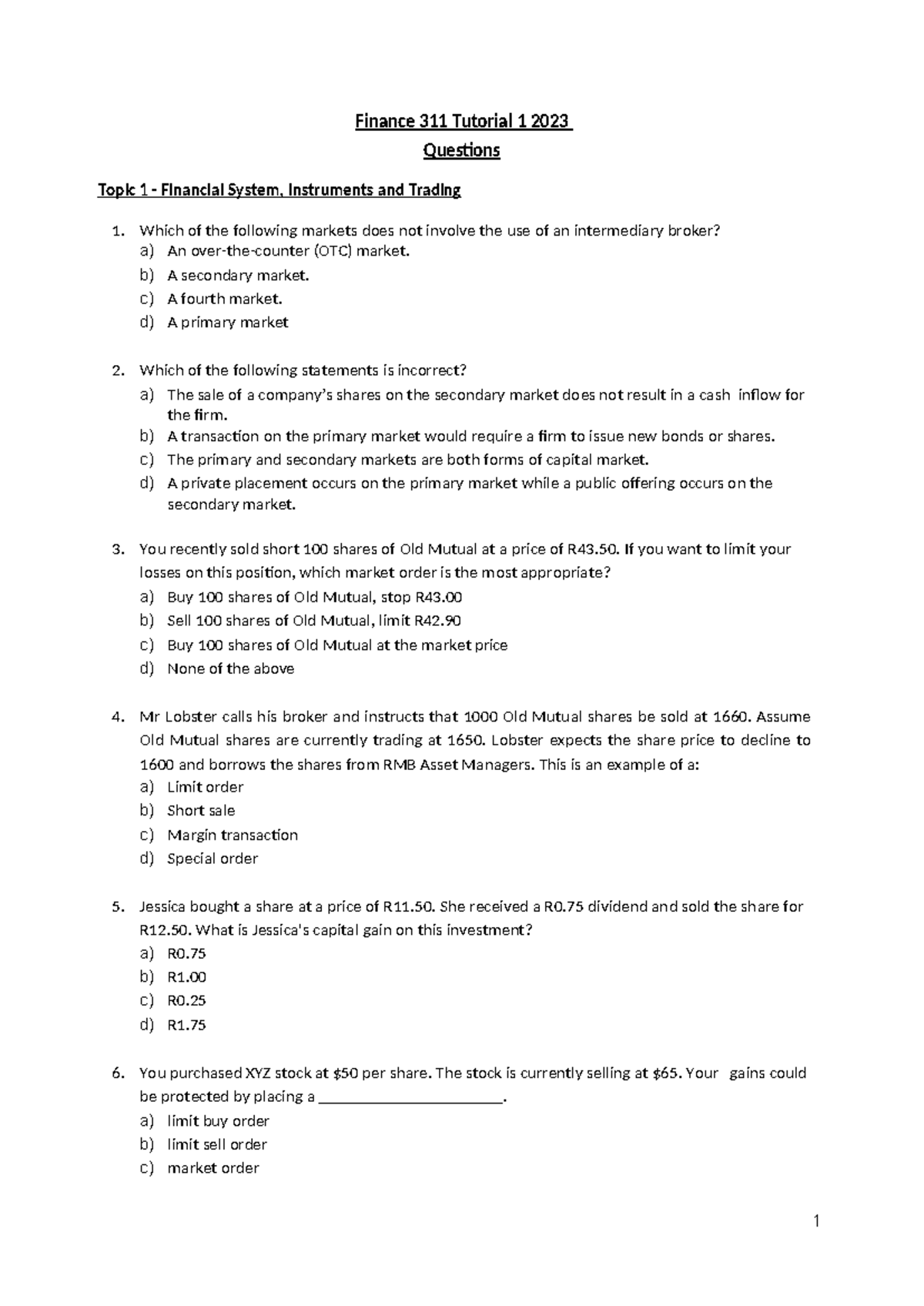 Finance 311 Tutorial 1 Questions 2023 - Finance 311 Tutorial 1 2023 ...