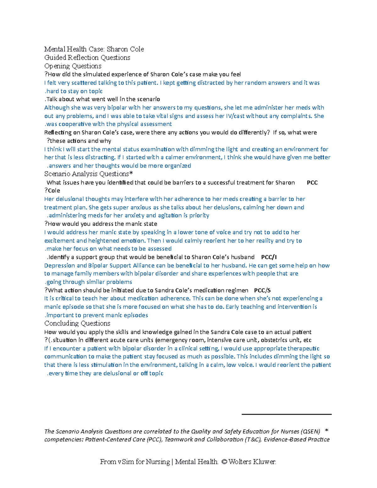 Sharon Cole Mental Health vSim Reflection and Analysis – PCC Case Study ...