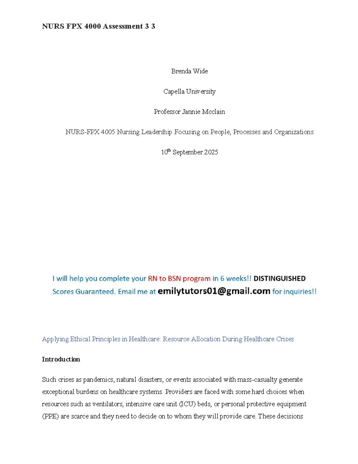 NURS FPX 4000 Assessment 3: Ethical Resource Allocation in Healthcare ...
