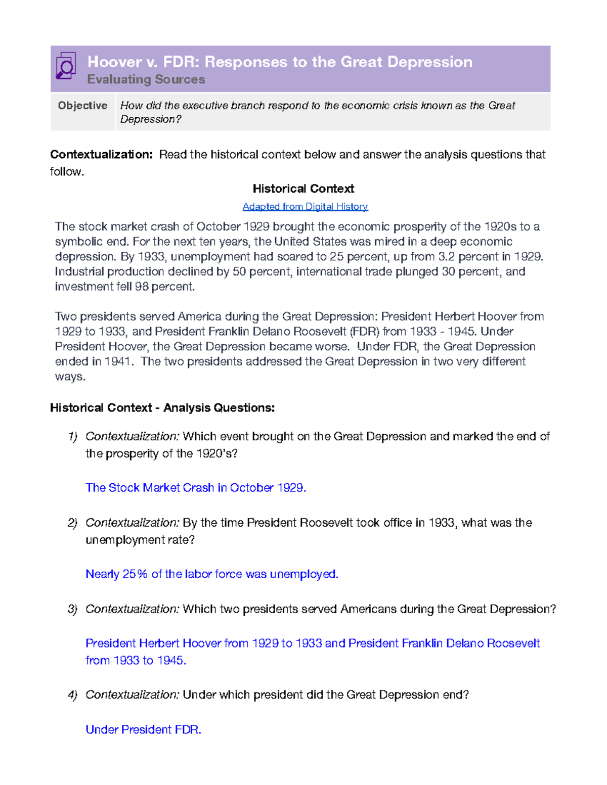 Ch 24 Hoover vs. FDR: Analyzing Responses to the Great Depression - Studocu