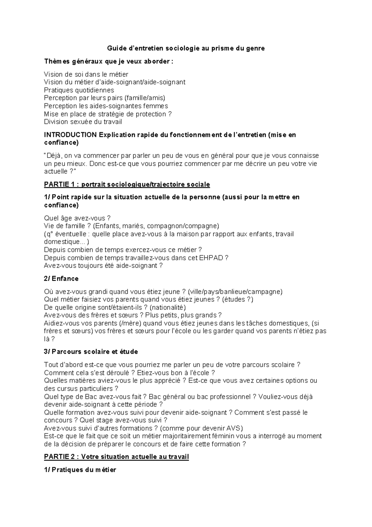 Grille d'entretien en sociologie de genre et métier d'aide-soignant ...