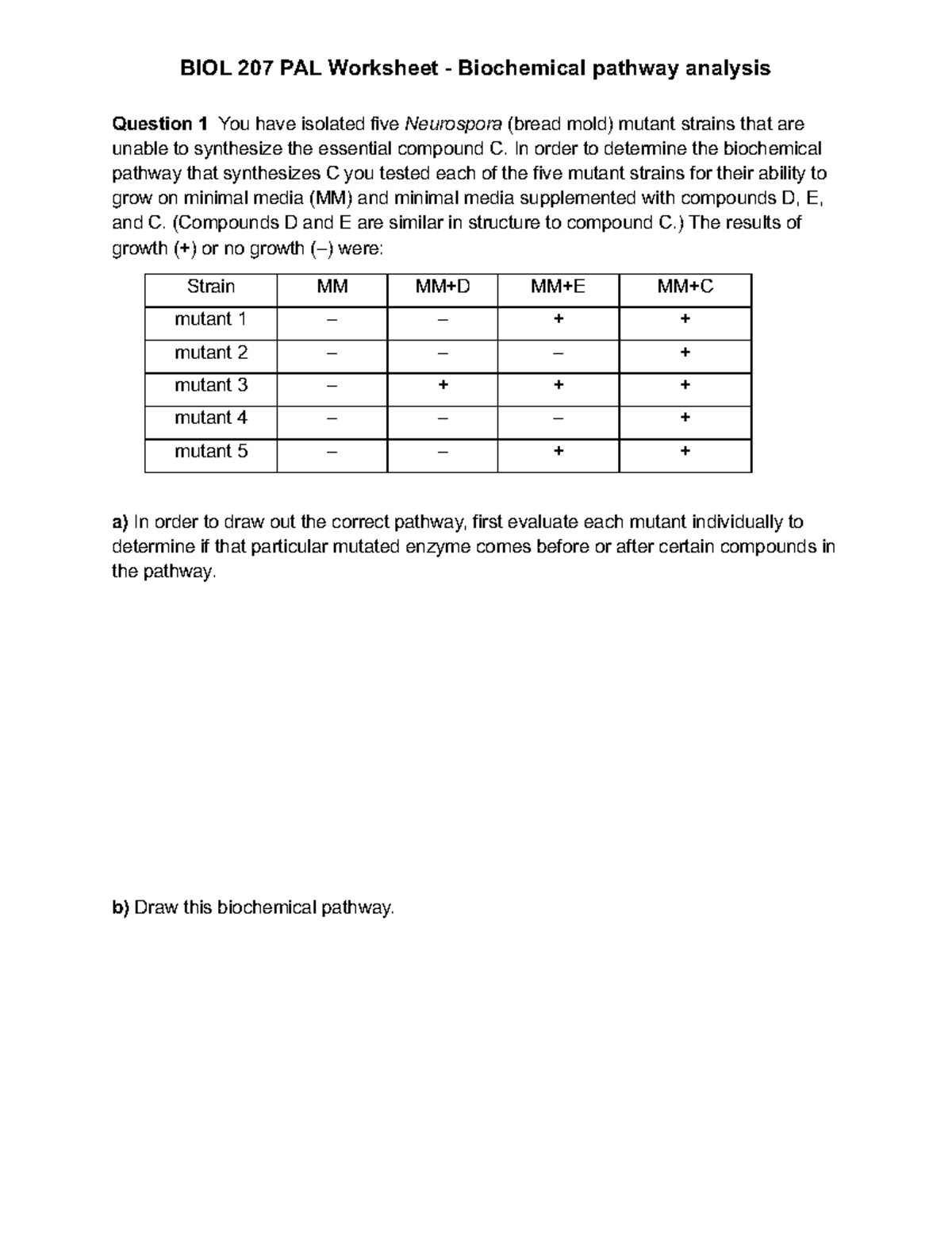 BIOL 207 PAL Worksheet: Biochemical Pathway Analysis - Studocu