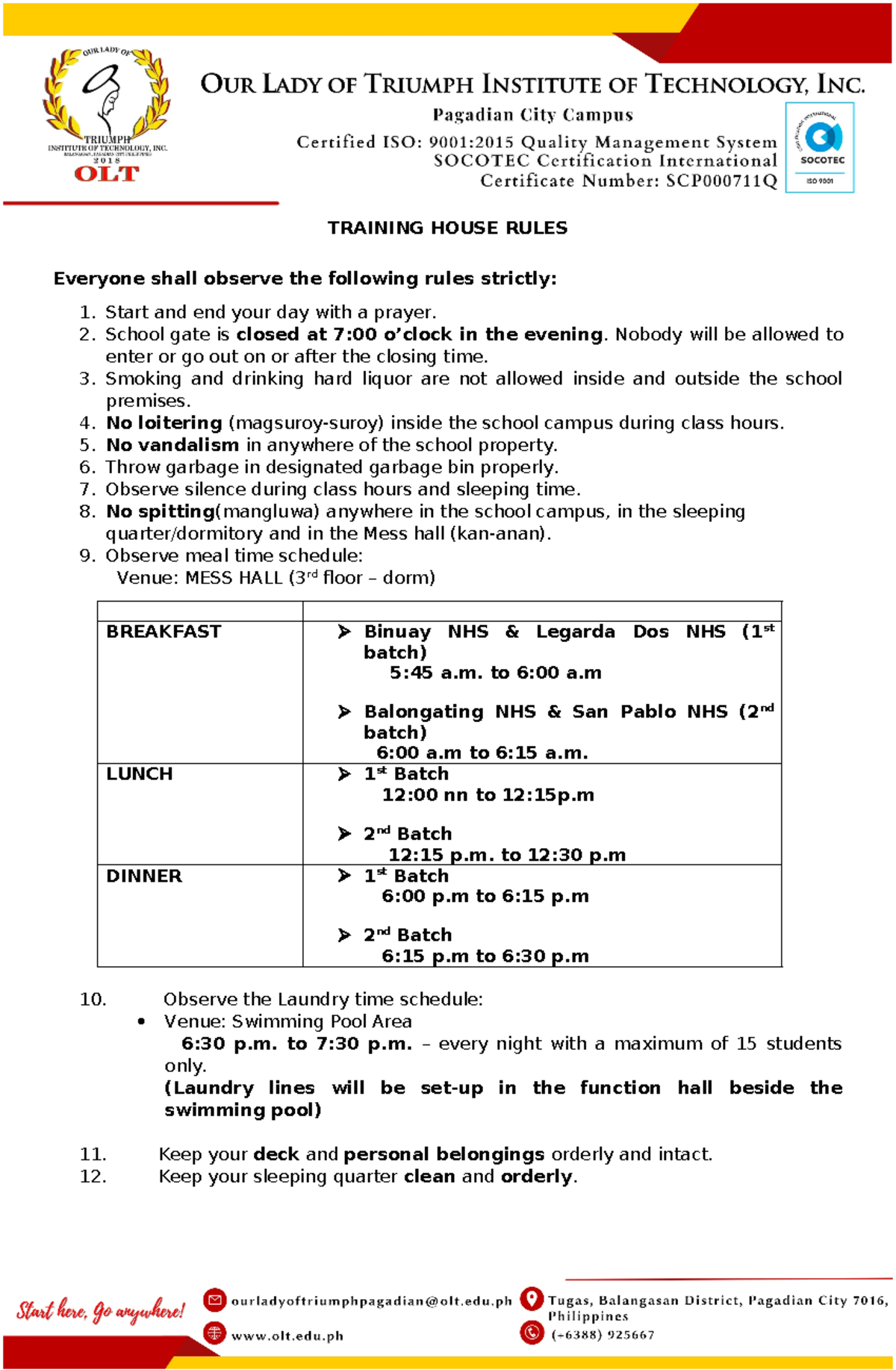 Training House Rules and Regulations for Students - Studocu
