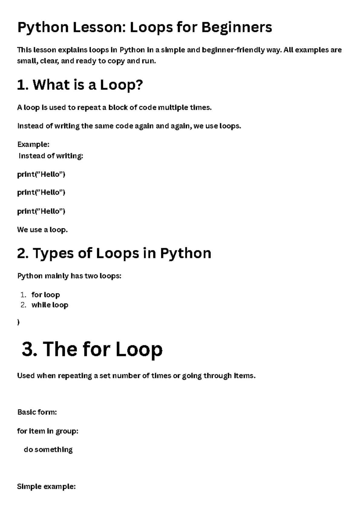 Python Lesson: Loops for Beginners - Key Notes and Examples - Studocu