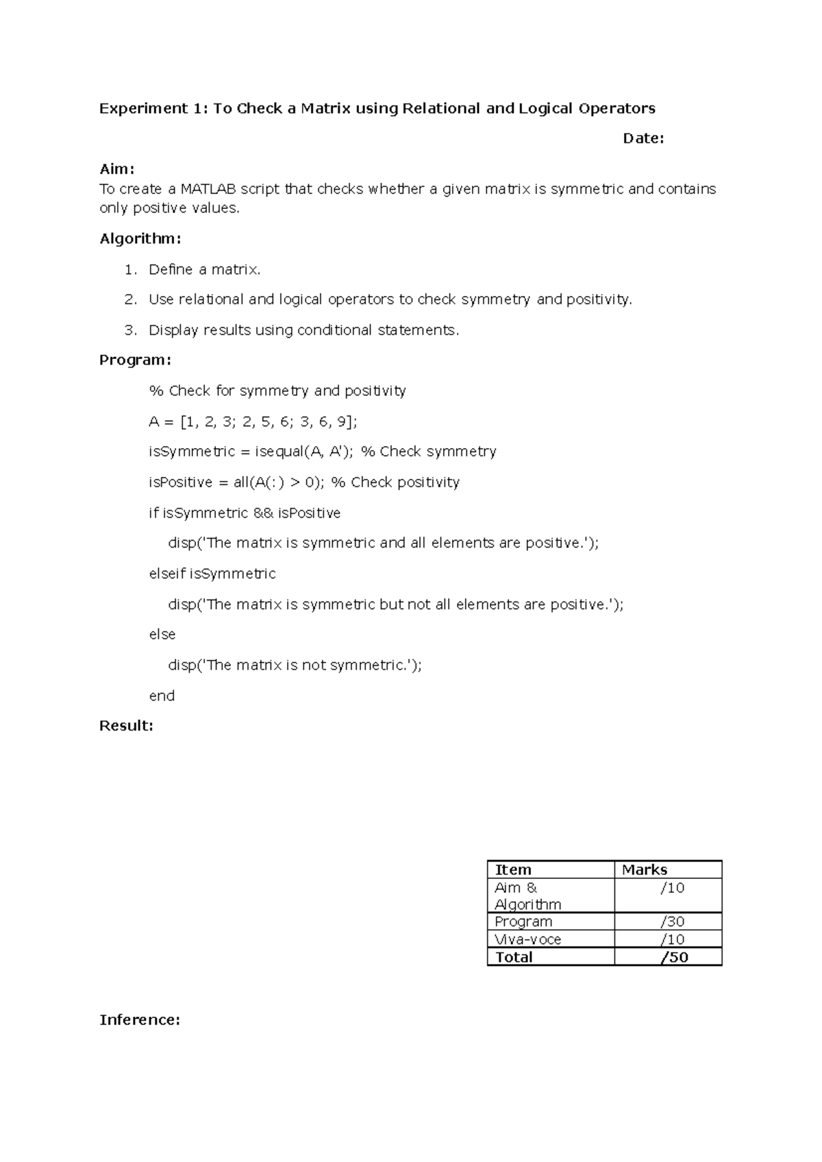 Exeperiements IT workshop - Experiment 1: To Check a Matrix using Relational and Logical ...