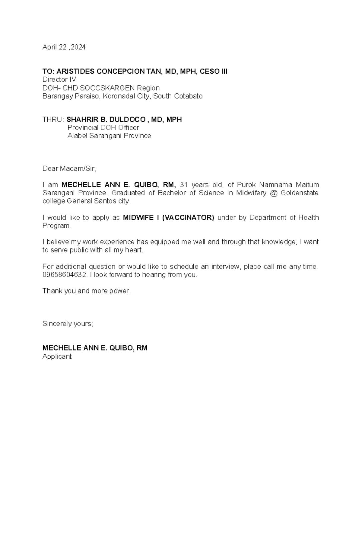 Application for MIDWIFE I (VACCINATOR) - DOH Submission - Studocu