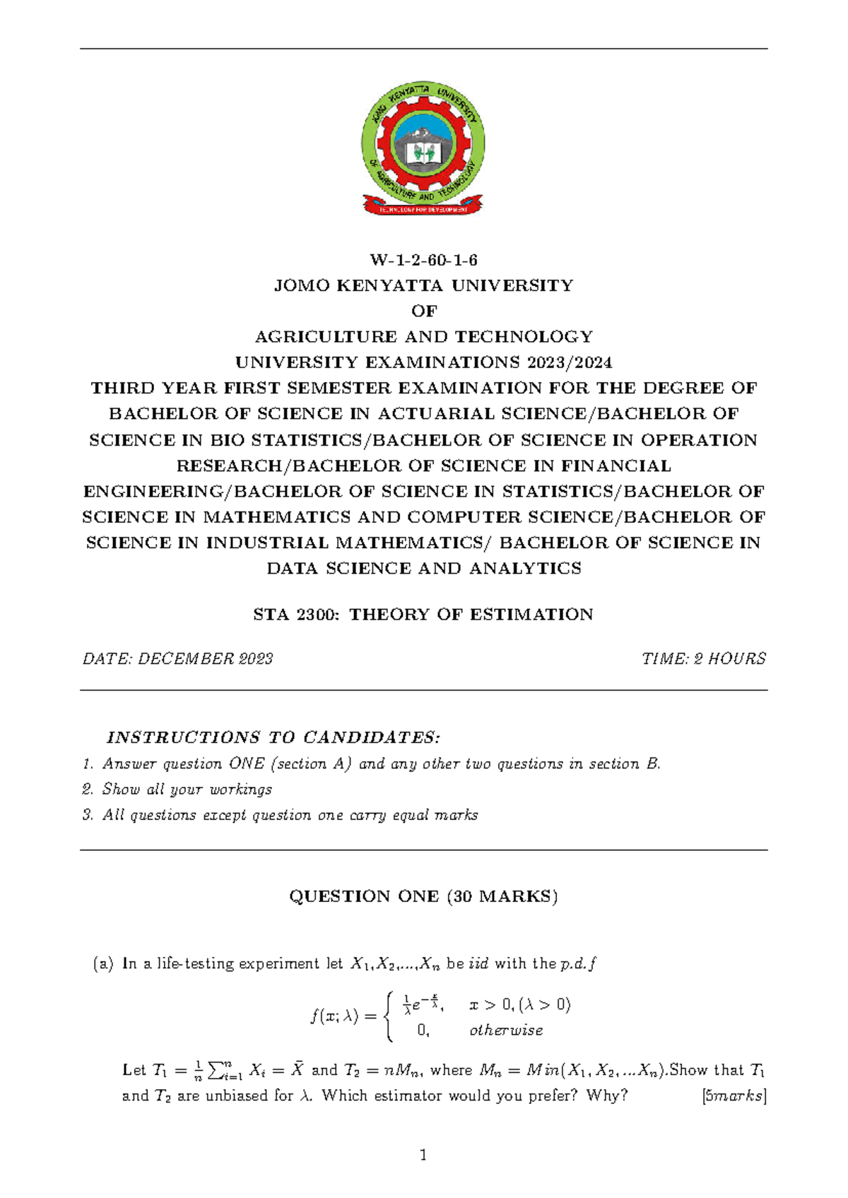 STA 2300: Theory of Estimation - December 2023 Exam Guide - Studocu