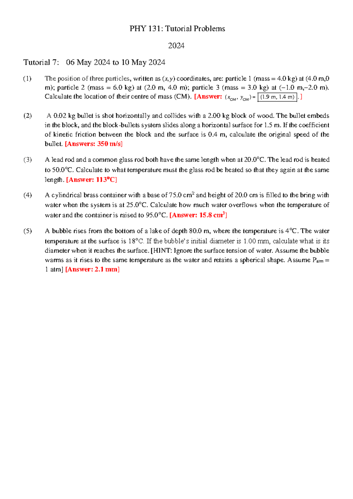 PHY 131 Tutorial 7 Solutions: 06-10 May 2024 Problems & Answers - Studocu