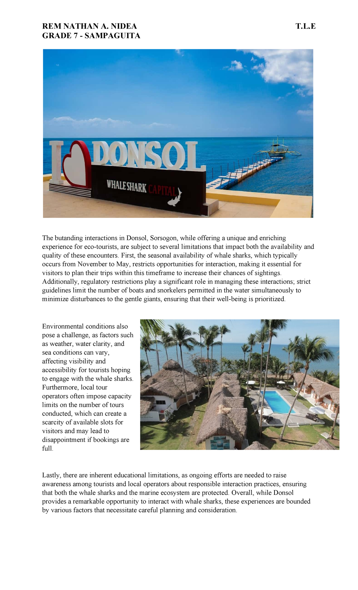 Grade 7 T.L.E. - Butanding Interactions in Donsol, Sorsogon - Studocu
