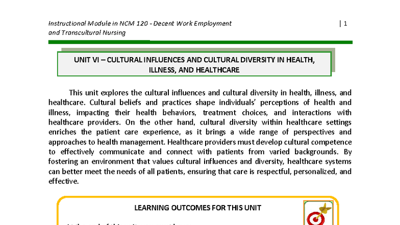 NCM 120 Unit VI: Cultural Influences & Diversity in Health Care - Studocu