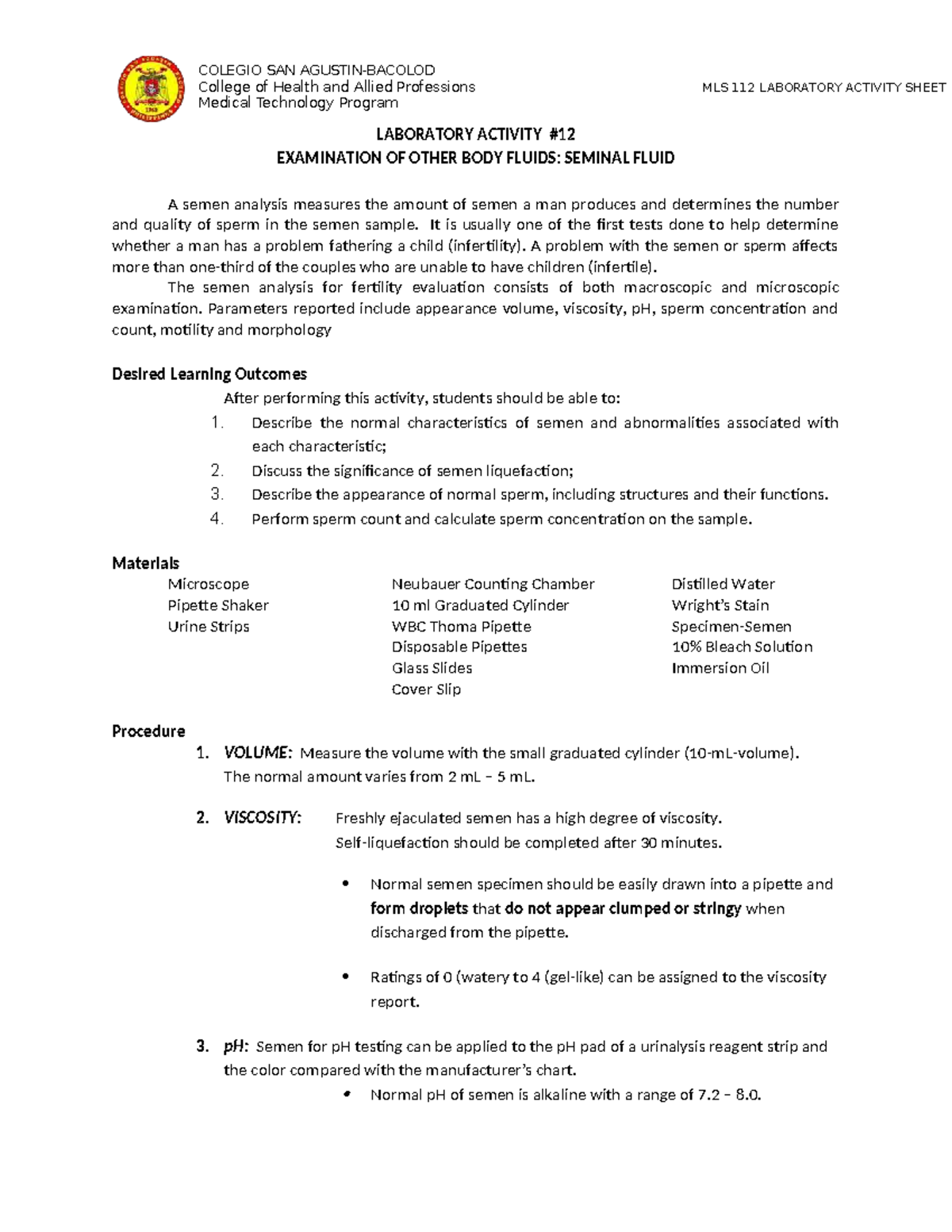 MLS 112 Laboratory Activity: Examination of Seminal Fluid - Studocu