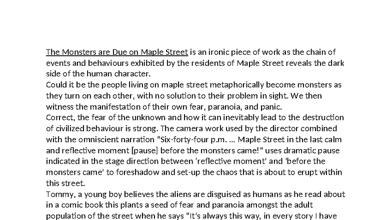 Monsters Are Due on Maple Street - Assessment Analysis - Studocu