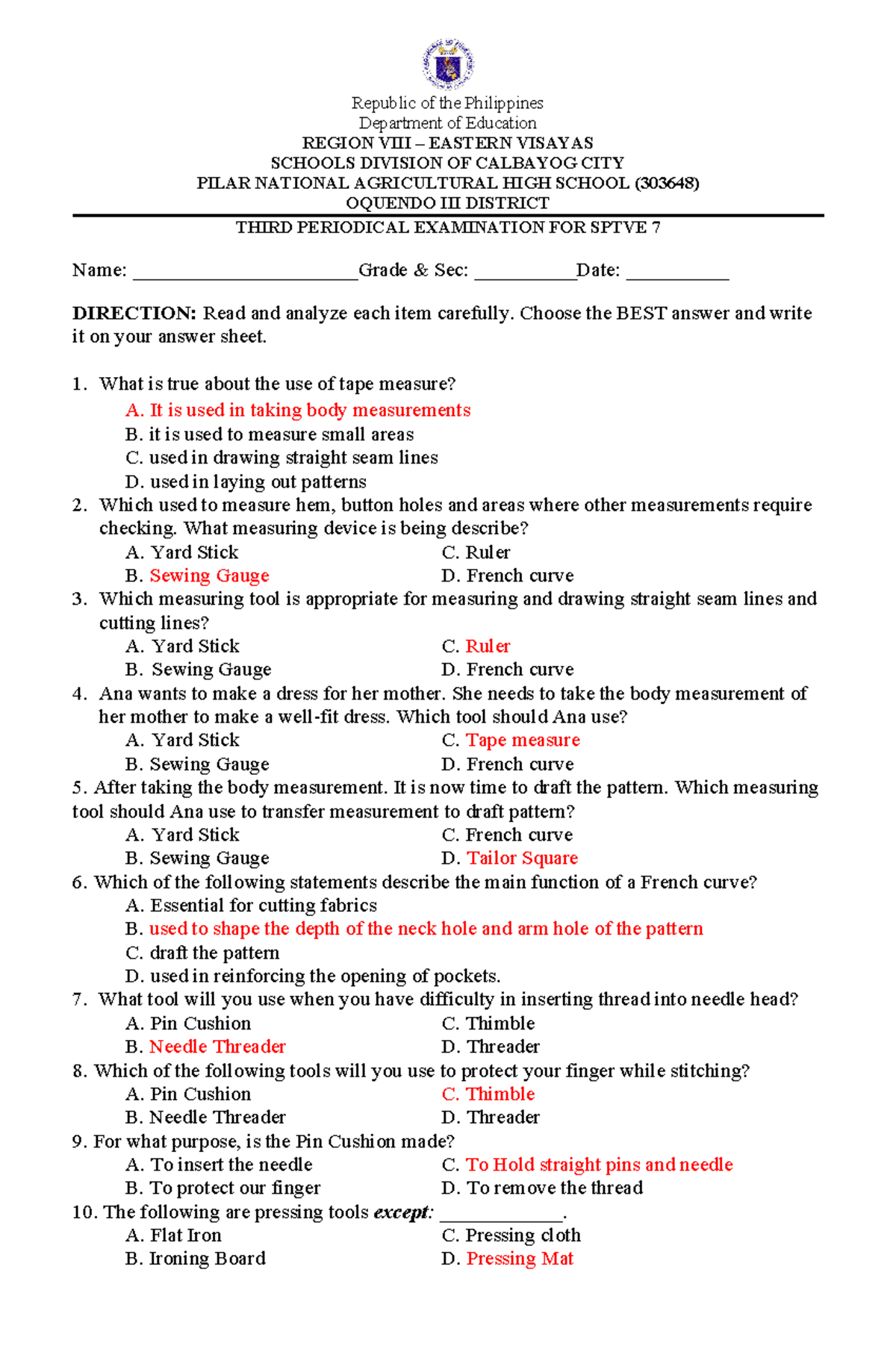 SPTVE 7 Third Periodical Examination Questions and Answers - Studocu