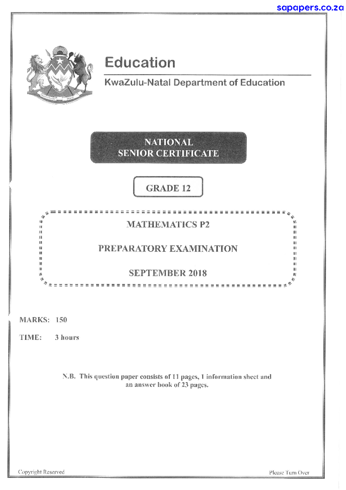 2018 KZN NSC Grade 12 Mathematics P2 Preparatory Exam Solutions - Studocu