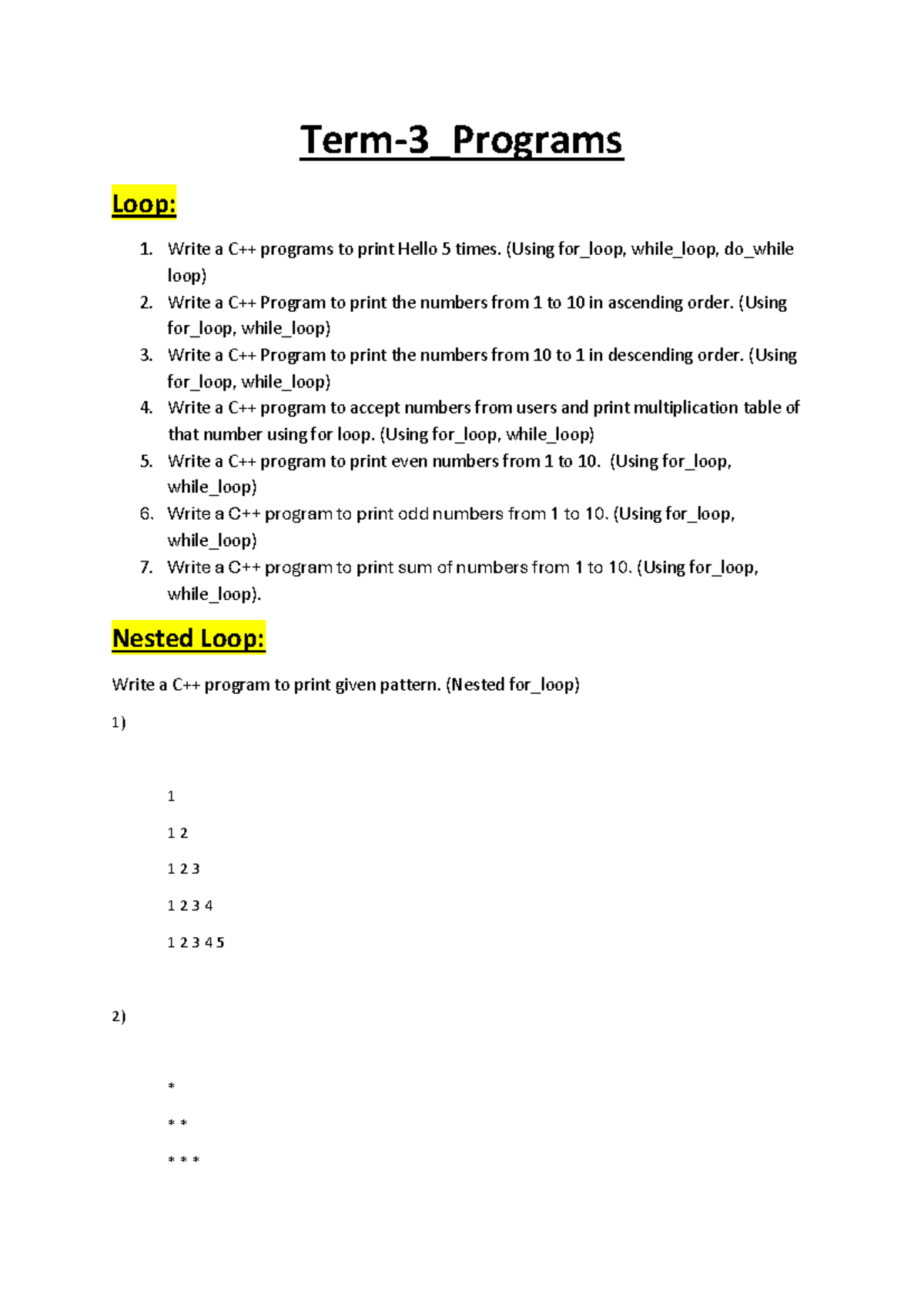 Term-3 Programming Exercises: Loops & Patterns - Studocu