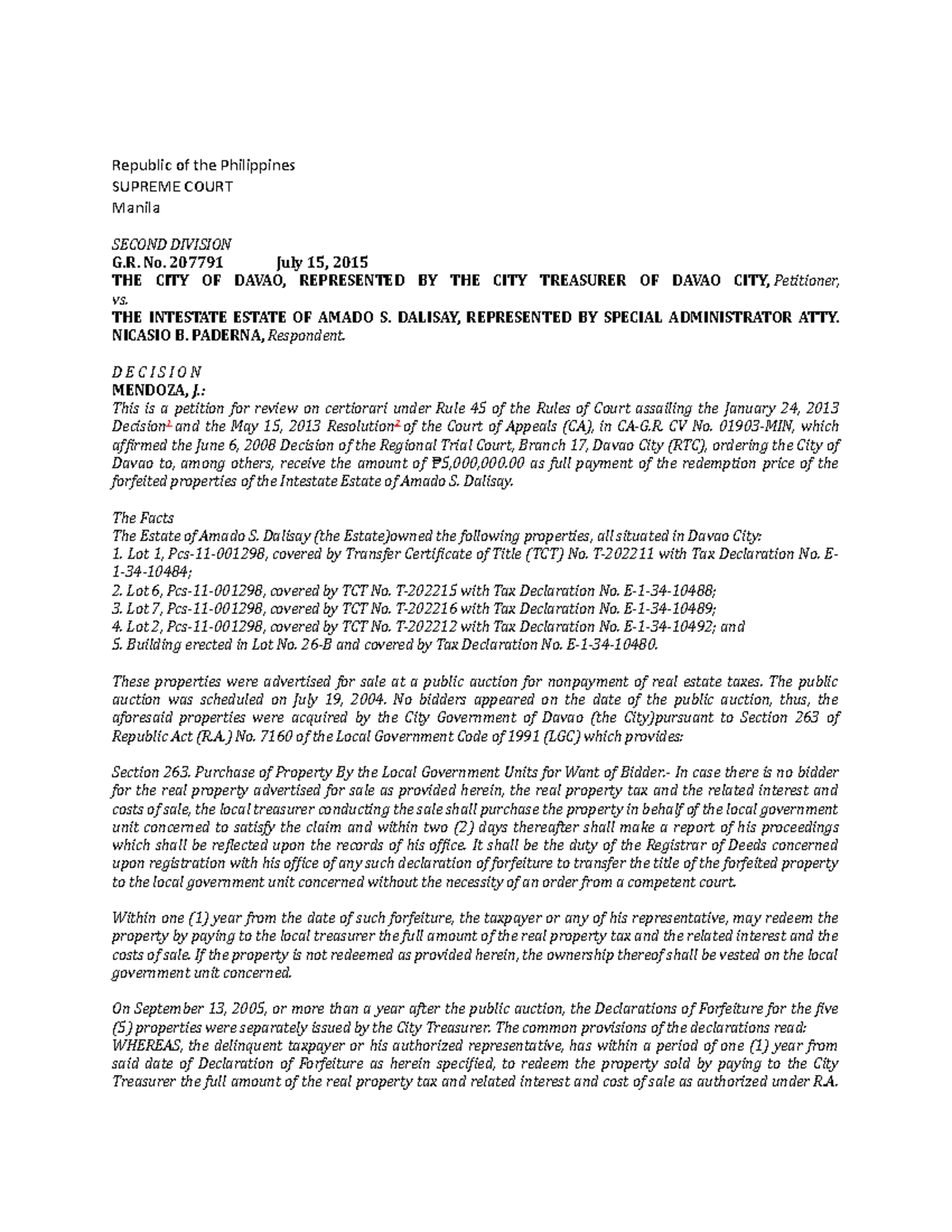 Davao City vs. Intestate Estate of Amado Dalisay: Supreme Court Case ...