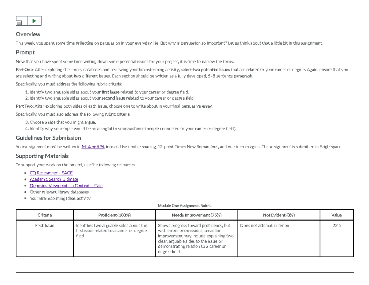 1-7 Module One Assignment Guidelines and Rubric - Overview This week ...