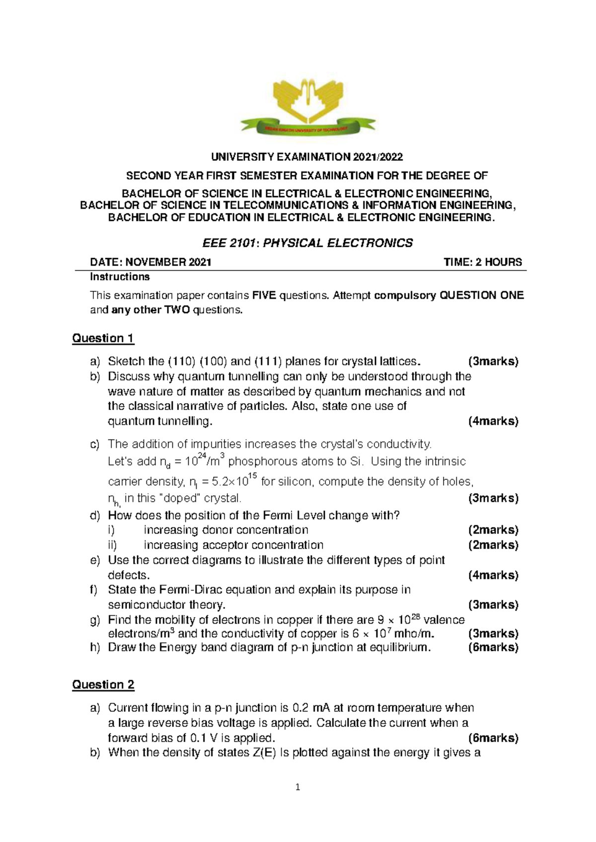 EEE 2101: Final Exam Study Guide on Physical Electronics - Studocu