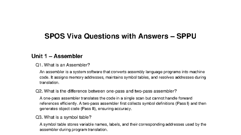 SPOS Viva Questions & Answers SPPU - Units 1 to 5 Overview - Studocu