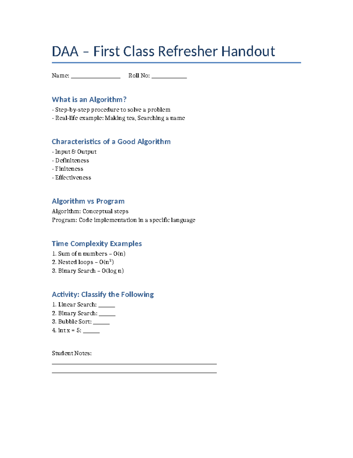 DAA Handout Hrishabh - Introduction to Algorithm - DAA – First Class ...