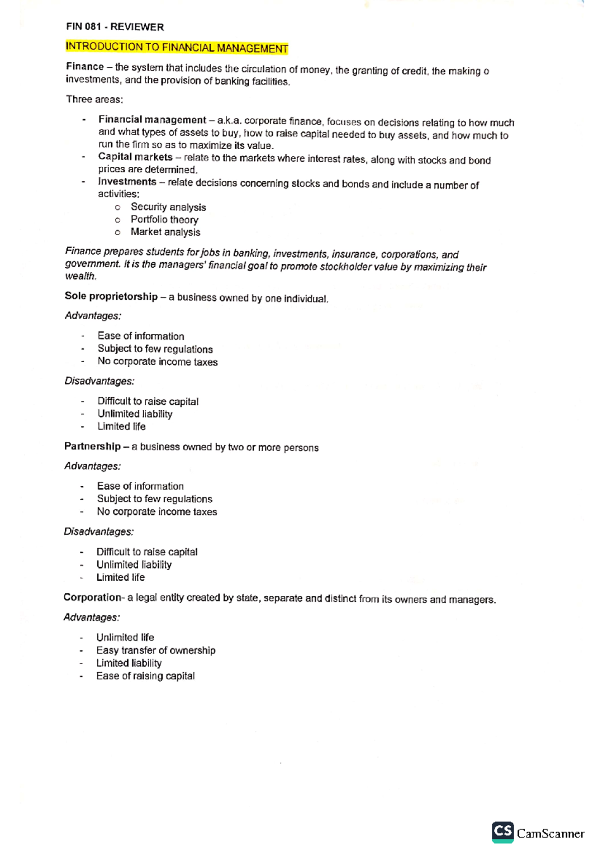 FIN 081 - Comprehensive Financial Management Study Guide - Studocu