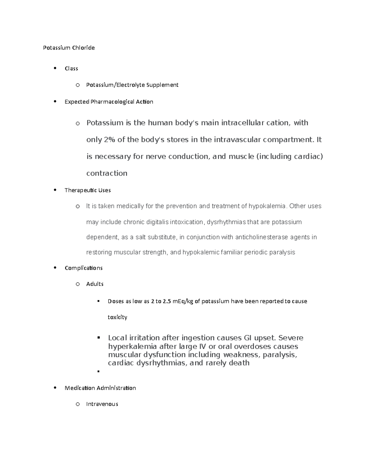 Potassium Chloride - Comprehensive Drug Card for Nursing Students - Studocu