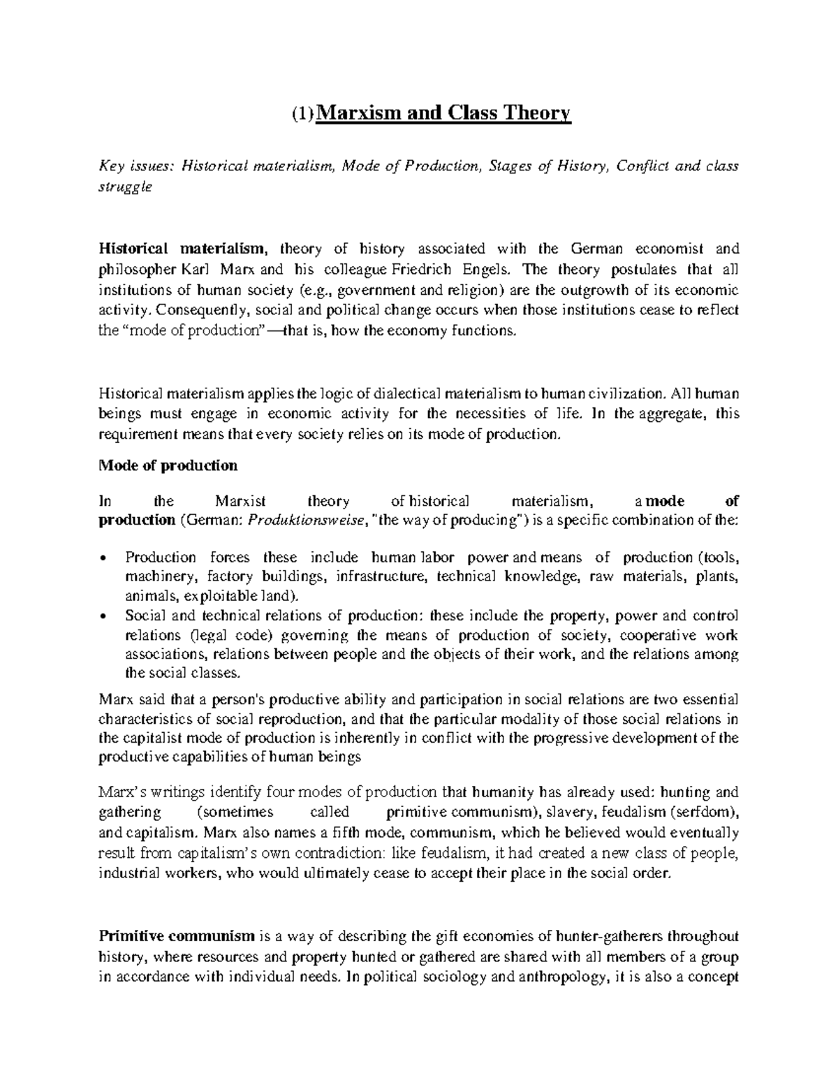 Theories Handout: SOC101 - Marxism, Class Theory & Sociological ...